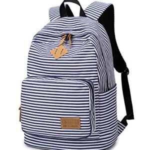 Ahyapiner Striped Canvas Backpack Shoulder Bag Women Casual Travel Daypack Blue One Size