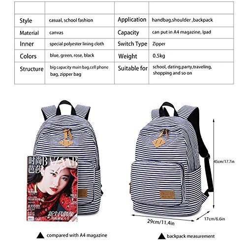 Ahyapiner Striped Canvas Backpack Shoulder Bag Women Casual Travel Daypack Blue One Size