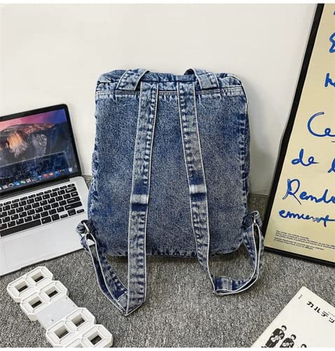 NUFR Cute Backpack Denim Stone Washed Vintage Kawaii Teen Street Wear Outfits (Blue)