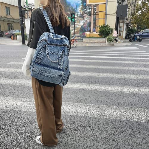 NUFR Cute Backpack Denim Stone Washed Vintage Kawaii Teen Street Wear Outfits (Blue)