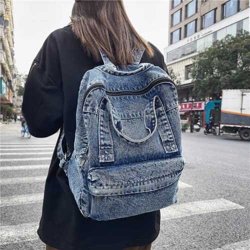 NUFR Cute Backpack Denim Stone Washed Vintage Kawaii Teen Street Wear Outfits (Blue)