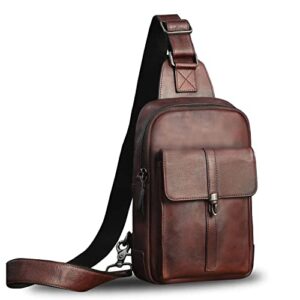 ivtg genuine leather sling bag casual shoulder hiking backpack vintage handmade crossbody bag retro chest daypack (coffee)