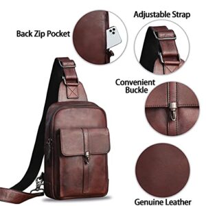 IVTG Genuine Leather Sling Bag Casual Shoulder Hiking Backpack Vintage Handmade Crossbody Bag Retro Chest Daypack (Coffee)