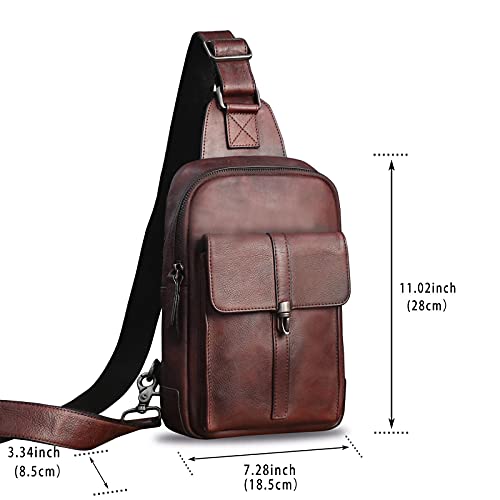 IVTG Genuine Leather Sling Bag Casual Shoulder Hiking Backpack Vintage Handmade Crossbody Bag Retro Chest Daypack (Coffee)