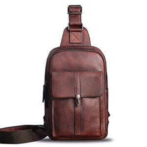 IVTG Genuine Leather Sling Bag Casual Shoulder Hiking Backpack Vintage Handmade Crossbody Bag Retro Chest Daypack (Coffee)