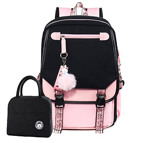 Bevalsa Backpack with Lunch Bag Bookbag Set for Girls Kids Middle High School College Student 21L Casual Daypack Children Schoolbag Bookbag with USB Charging Port (Pink)