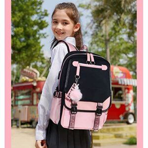 Bevalsa Backpack with Lunch Bag Bookbag Set for Girls Kids Middle High School College Student 21L Casual Daypack Children Schoolbag Bookbag with USB Charging Port (Pink)