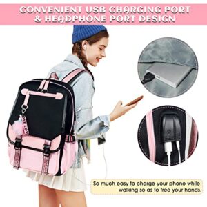 Bevalsa Backpack with Lunch Bag Bookbag Set for Girls Kids Middle High School College Student 21L Casual Daypack Children Schoolbag Bookbag with USB Charging Port (Pink)