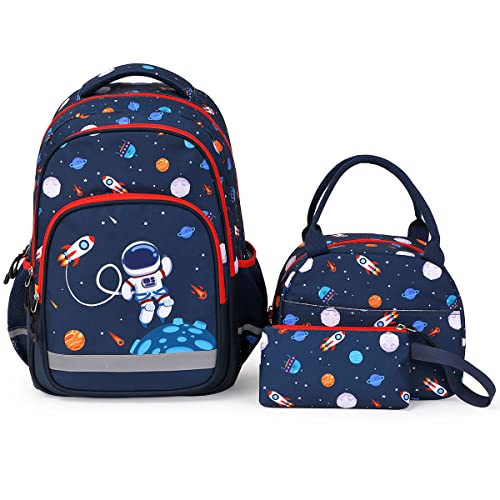 School Backpack Kids Bookbag Set-with Lunch Bag & Pencil Case Elementary Preschool Kindergarten Supplies for Boys Girls (Blue Space set)