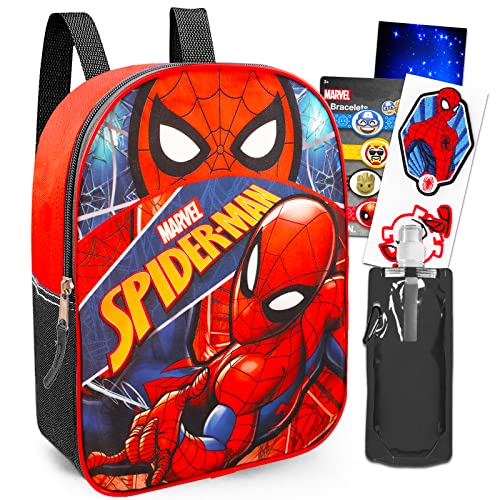 Spiderman Mini Backpack Set - Bundle with 11" Spiderman Backpack for Boys 4-6, Spiderman Stickers, Avengers Bracelet, Water Bottle, More | Marvel Backpack