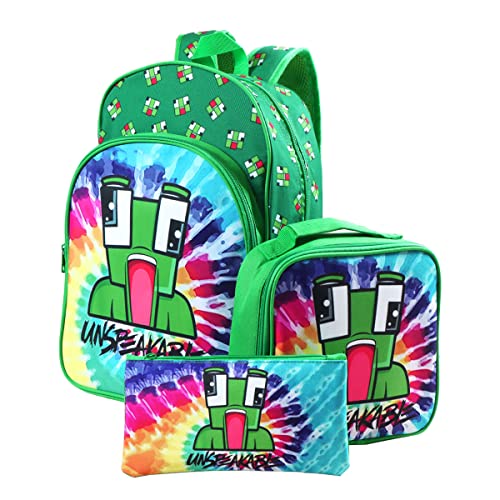 17 Inch Kids Bookbag 3-Piece Set Boys Pencil Case Backpack Tie-dye Printed Travel Bag Girls Game Fan Gift, Green