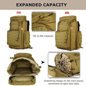 SunForMorning Large Tactical Hiking Daypack 70-85L Military MOLLE Assault Backpack Army Traveling Camping Pack Bug Out Bag Outdoor Rucksack (Rain Cover & 2 Patch Included), Brown