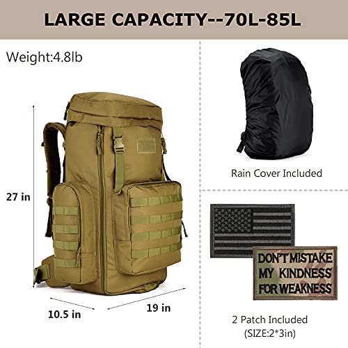 SunForMorning Large Tactical Hiking Daypack 70-85L Military MOLLE Assault Backpack Army Traveling Camping Pack Bug Out Bag Outdoor Rucksack (Rain Cover & 2 Patch Included), Brown