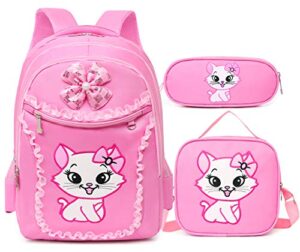 debbieicy cute cat printing lace backpack lightweight princess school bag kids bookbag handbag pen bag set for primary girls (large, pink1(backpack handbag pen bag))