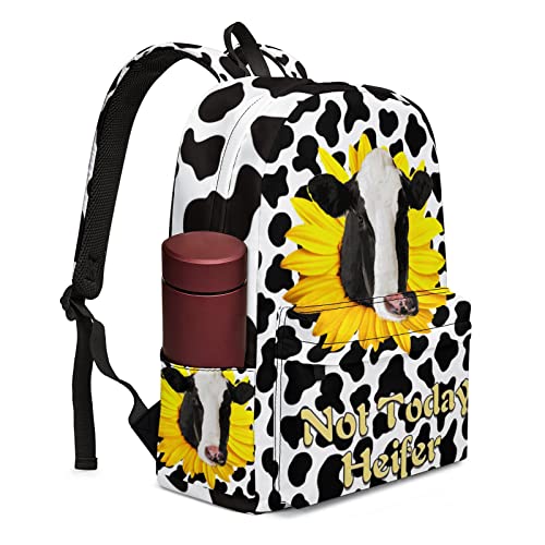 Not Today Heifer Backpack Durable Lightweight School Bag with Adjustable Strap, Classic Cow Print Backpack for Girl Boy Teen or Women, Casual Daypack for Travel/School/Library, Sunflower Cow Pattern