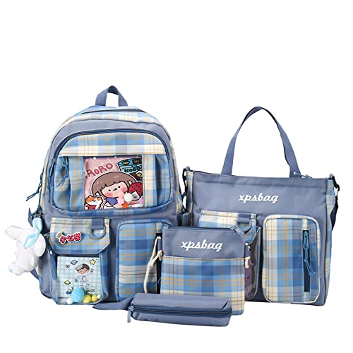 MOMEITU Kawaii Backpack with Cute pins and Pendants ins School Plaid Backpack Harajuku Student School Bag(Blue)