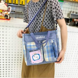 MOMEITU Kawaii Backpack with Cute pins and Pendants ins School Plaid Backpack Harajuku Student School Bag(Blue)