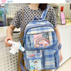 MOMEITU Kawaii Backpack with Cute pins and Pendants ins School Plaid Backpack Harajuku Student School Bag(Blue)