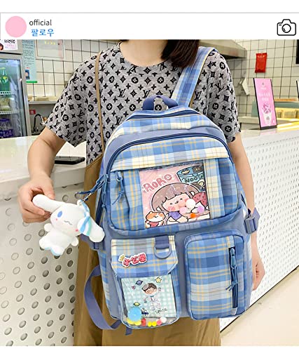 MOMEITU Kawaii Backpack with Cute pins and Pendants ins School Plaid Backpack Harajuku Student School Bag(Blue)