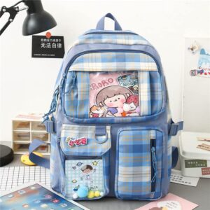 MOMEITU Kawaii Backpack with Cute pins and Pendants ins School Plaid Backpack Harajuku Student School Bag(Blue)