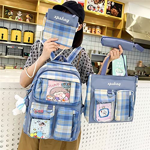 MOMEITU Kawaii Backpack with Cute pins and Pendants ins School Plaid Backpack Harajuku Student School Bag(Blue)