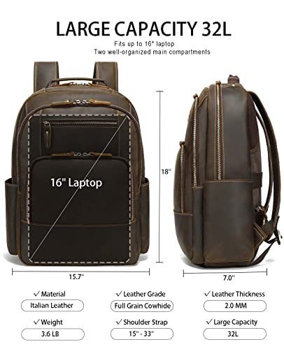 Taertii Full Grain Genuine Leather Backpack for Men, 16" Laptop Rucksack Backpack for Travel Business Shool 32L - Brown