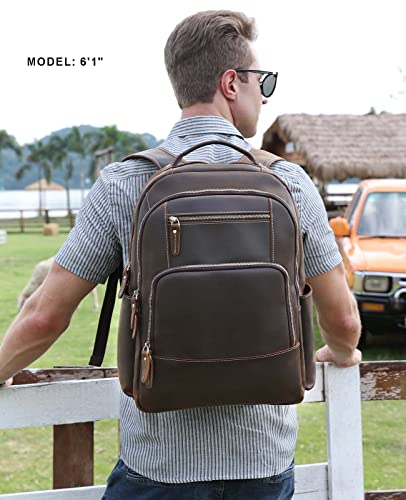 Taertii Full Grain Genuine Leather Backpack for Men, 16" Laptop Rucksack Backpack for Travel Business Shool 32L - Brown