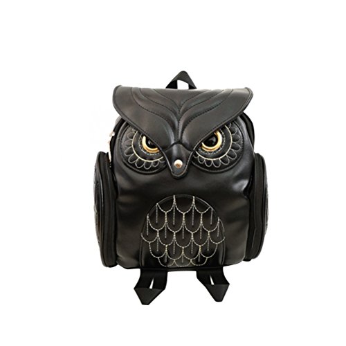 TENDYCOCO Women Girls PU Leather Owl Cartoon Backpack Fashion Casual Satchel School Purse (black)