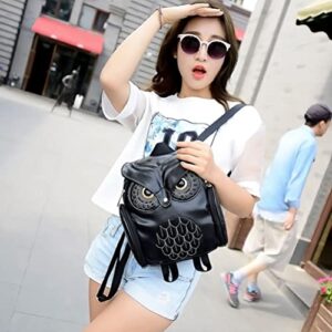 TENDYCOCO Women Girls PU Leather Owl Cartoon Backpack Fashion Casual Satchel School Purse (black)