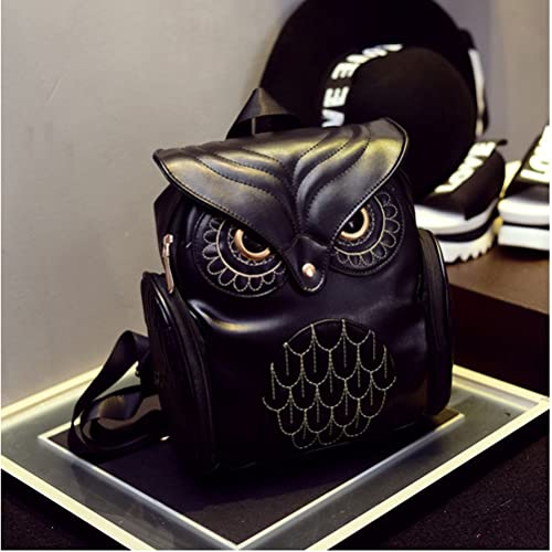 TENDYCOCO Women Girls PU Leather Owl Cartoon Backpack Fashion Casual Satchel School Purse (black)