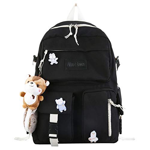 Laptop Backpack for Girls Women Ladies Backpack Bag Bookbag Set with plush toy for Teen Girl (Black)