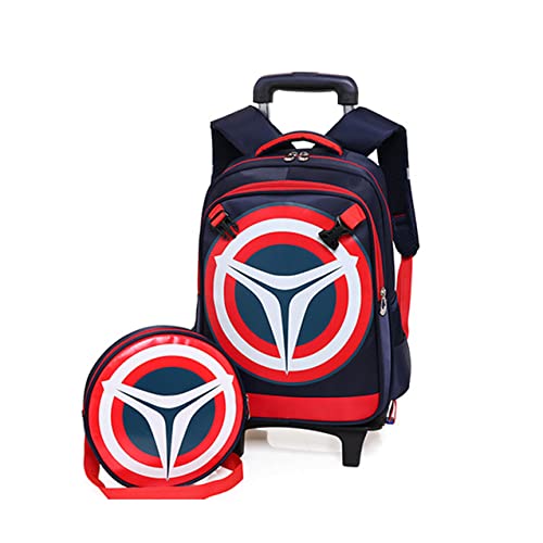 FENGJINRUHUA Boy Girl Lightweight Kid's School SchoolBag Shield Superhero Detachable Two In One Tie Rod Rolling Backpack With Six Wheels Navy