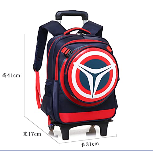 FENGJINRUHUA Boy Girl Lightweight Kid's School SchoolBag Shield Superhero Detachable Two In One Tie Rod Rolling Backpack With Six Wheels Navy