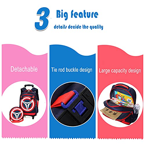 FENGJINRUHUA Boy Girl Lightweight Kid's School SchoolBag Shield Superhero Detachable Two In One Tie Rod Rolling Backpack With Six Wheels Navy