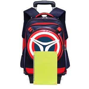 FENGJINRUHUA Boy Girl Lightweight Kid's School SchoolBag Shield Superhero Detachable Two In One Tie Rod Rolling Backpack With Six Wheels Navy