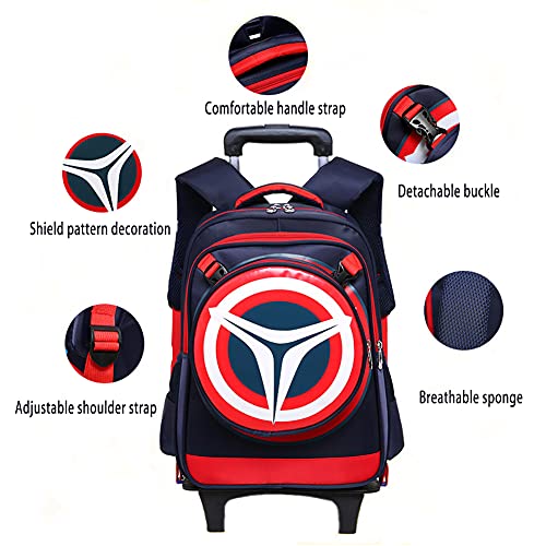 FENGJINRUHUA Boy Girl Lightweight Kid's School SchoolBag Shield Superhero Detachable Two In One Tie Rod Rolling Backpack With Six Wheels Navy