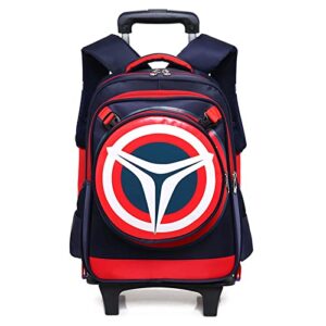 FENGJINRUHUA Boy Girl Lightweight Kid's School SchoolBag Shield Superhero Detachable Two In One Tie Rod Rolling Backpack With Six Wheels Navy