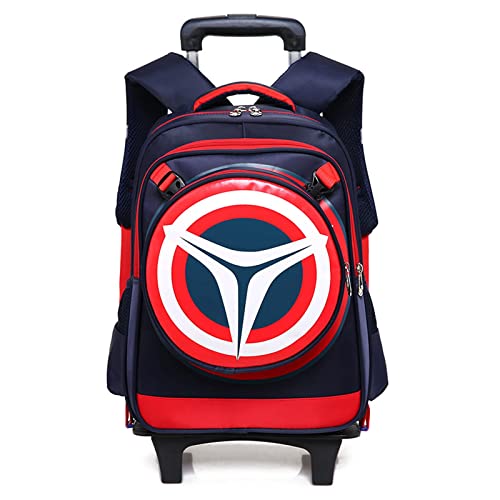 FENGJINRUHUA Boy Girl Lightweight Kid's School SchoolBag Shield Superhero Detachable Two In One Tie Rod Rolling Backpack With Six Wheels Navy