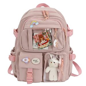 kawaii backpack with kawaii pin and accessories aesthetic backpack for girls japanese school bag for teens (pink)