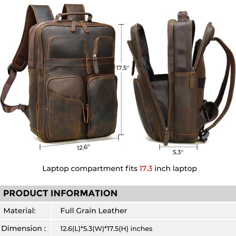 compalo Full Grain Leather Backpack for Men, 17.3 Inch Travel Laptop Backpack Multi Pockets DayPack Rucksack With YKK Zippers