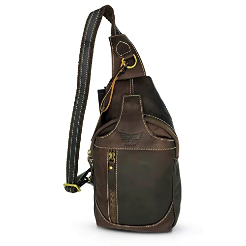 Dimarcy Leather Cross-body Sling Bag Casual Daypack Backpack Chest Shoulder Multi-Purpose Timeless Design Small Unisex (Dark Brown)