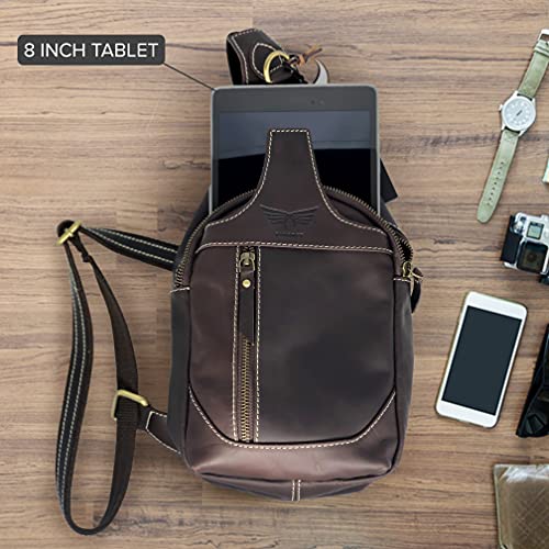 Dimarcy Leather Cross-body Sling Bag Casual Daypack Backpack Chest Shoulder Multi-Purpose Timeless Design Small Unisex (Dark Brown)