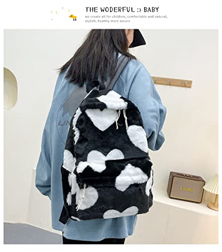 Plush Backpack Y2K Black Love Hearts Kawaii Love Heart Backpack Cute Aesthetic Backpack for School Teen Girls (Black)