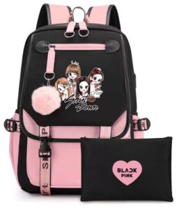 unisex bangtan boys lisa rose jisoo jennie kawaii laptop backpack middle school students bookbag outdoor daypack for girls boys school (black pink q)