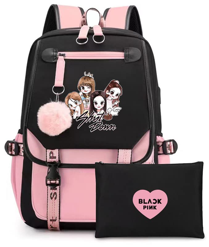 Unisex Bangtan boys Lisa Rose JISOO Jennie Kawaii Laptop Backpack Middle School Students Bookbag Outdoor Daypack for Girls Boys School (Black Pink Q)