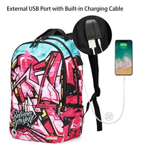 Hip Hop Backpack Teens,Graffiti Backpack for School,Casual Daypack,Designer Laptop Backpack,Computer Backpack for Laptop 15.6 Inch,High School Backpack Pink,College Backpack with USB Charging Port