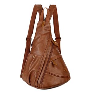 Baosha Leather Sling Bag Small Crossbody Backpack Casual Daypack Outdoor Cycling Hiking Backpack XB-10 (Brown)