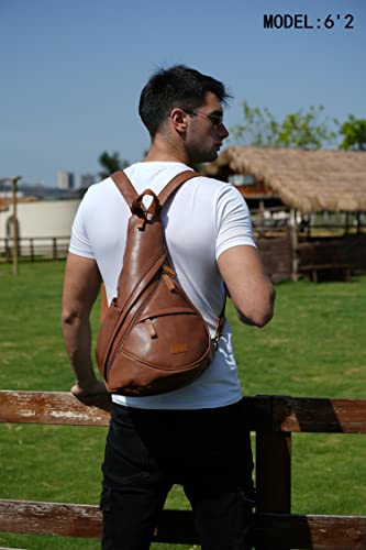 Baosha Leather Sling Bag Small Crossbody Backpack Casual Daypack Outdoor Cycling Hiking Backpack XB-10 (Brown)