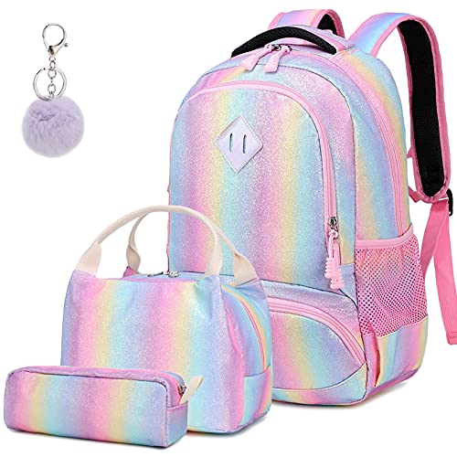 Girls Backpack Rainbow Glitter Kids School Bookbag 3 in 1 Set School Bag with Lunch Bag Pencil Case