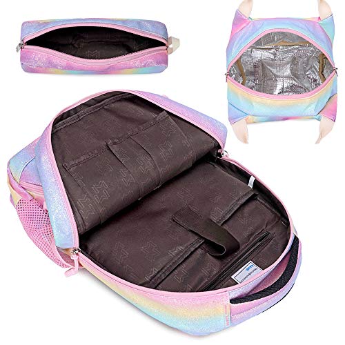 Girls Backpack Rainbow Glitter Kids School Bookbag 3 in 1 Set School Bag with Lunch Bag Pencil Case